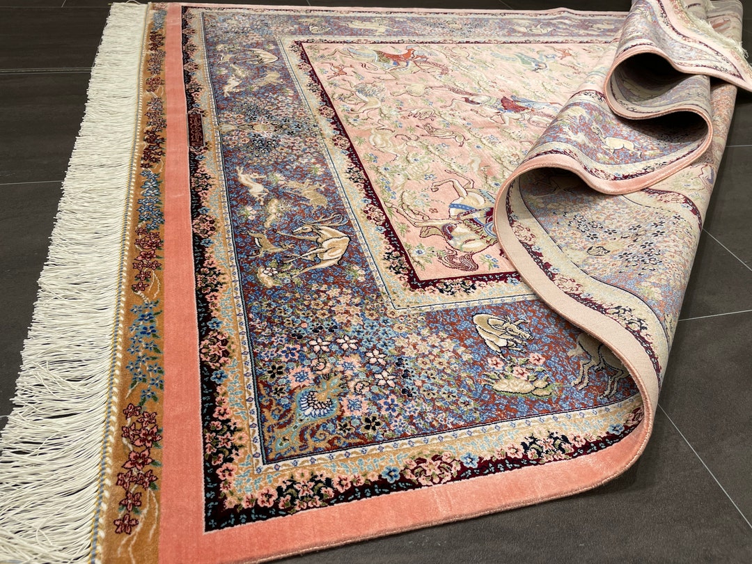 Pink Silk Rug, 4x6 Area Rug, %100 Bamboo Silk Rug, Animal Patterned ...