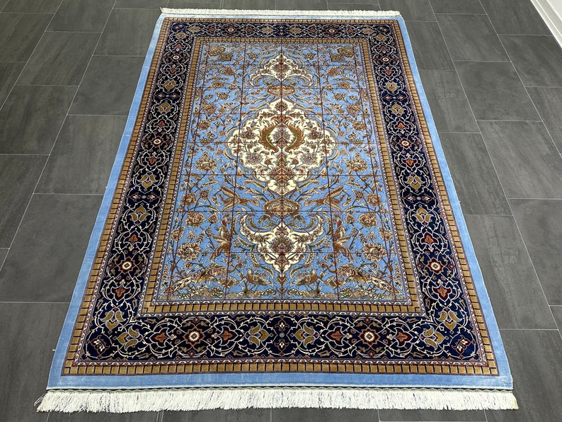 5x7 Blue Silk Rug, for Living Room Rug, 5x7 Classic Design Rug, Bamboo ...