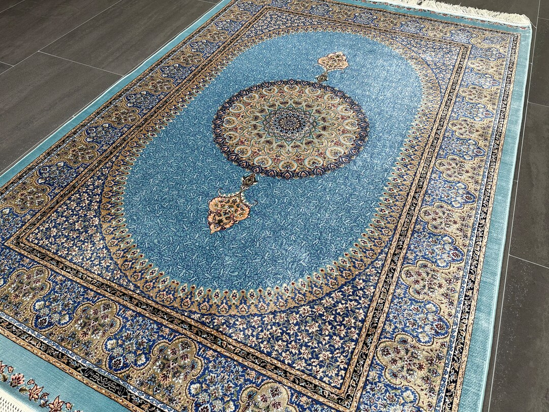 3x5 Blue Silk Rug, Small Carpet, Classic Design Silk Rug, Bamboo Silk ...