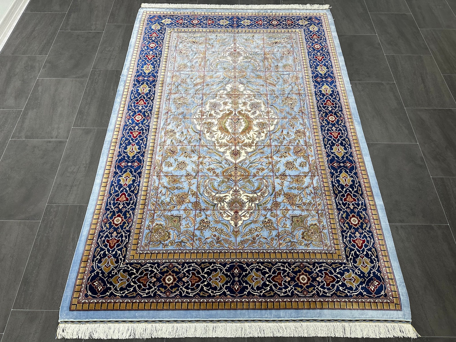 5x7 Blue Silk Rug, for Living Room Rug, 5x7 Classic Design Rug, Bamboo ...
