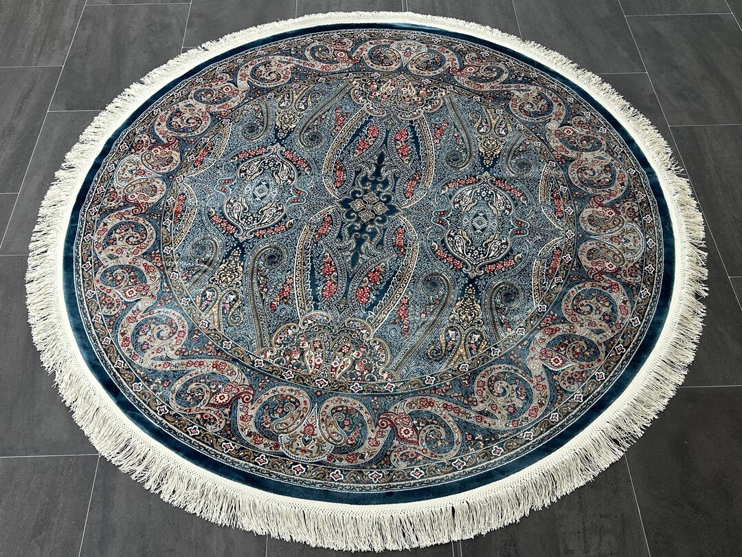 5x5 Anatolian Round Silk Rug, Dark Blue Silk Rug, 5x5 Carpet, Circle ...
