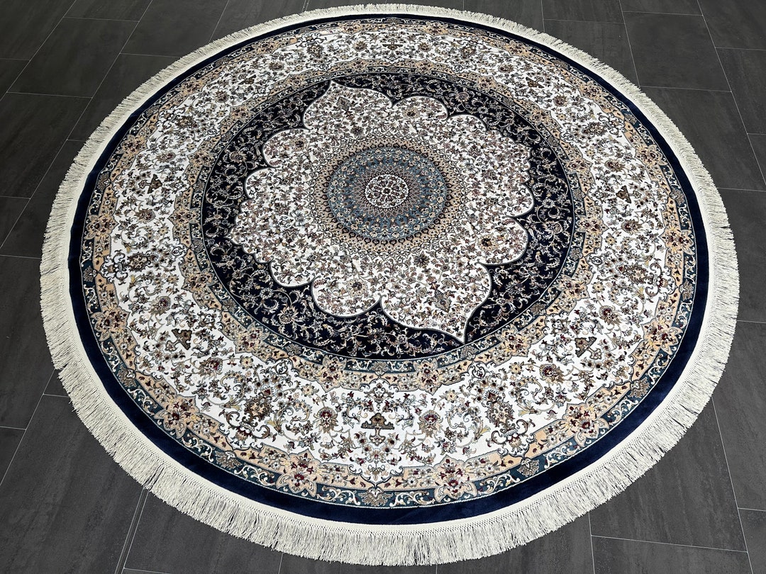 7x7 Circle Silk Rug, Navy & Cream Silk Rug, 7x7 Carpet, Round Silk Rug ...