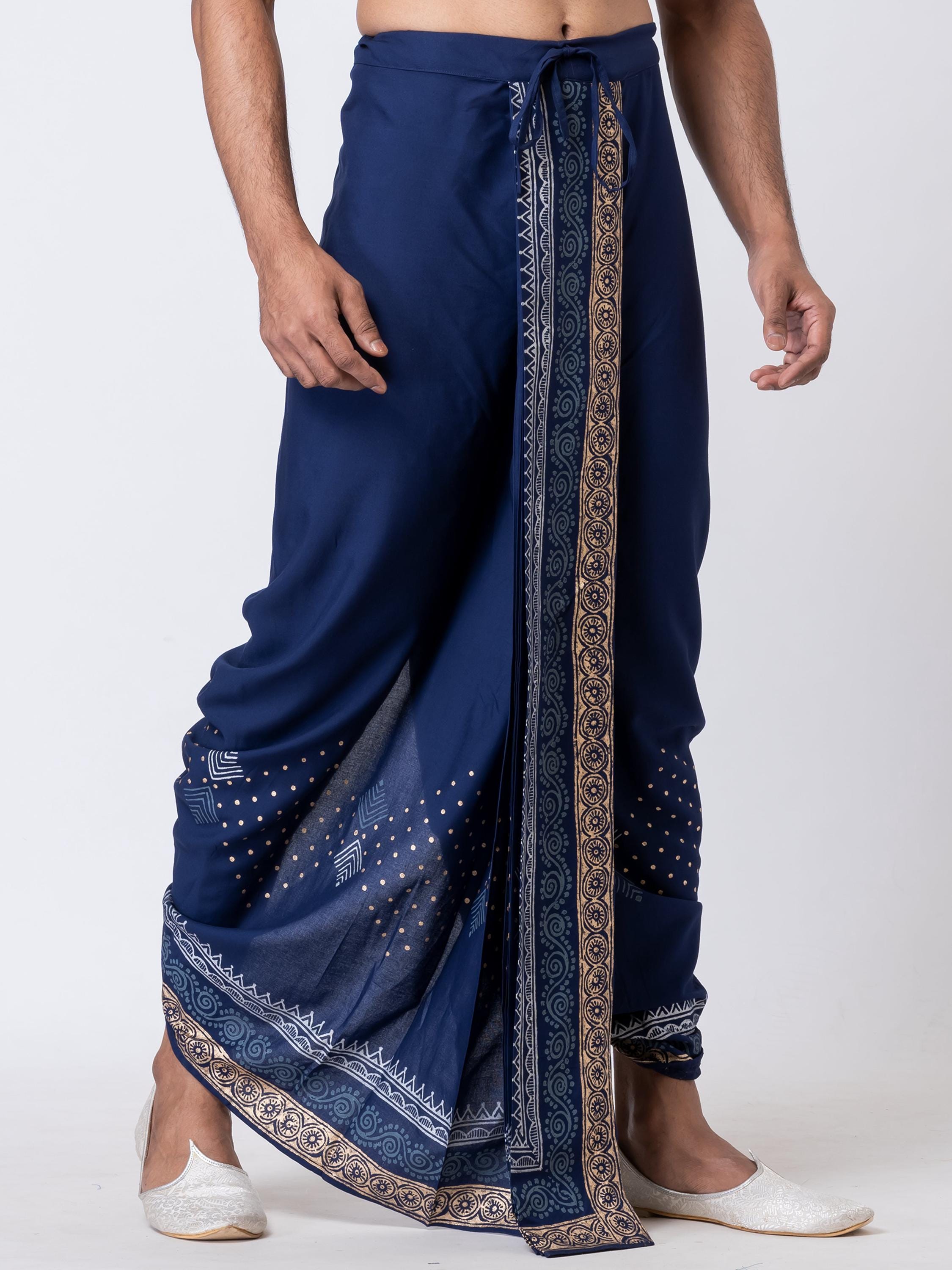 Navy Blue Rayon Dhoti – 100% Hand Block Print, Traditional Wear for Men ...