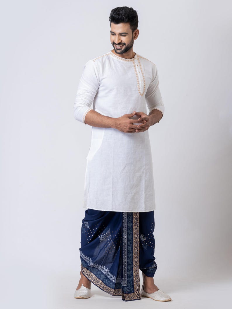 Navy Blue Rayon Dhoti – 100% Hand Block Print, Traditional Wear for Men ...