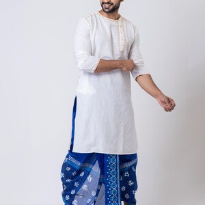 Blue Dupion Dhoti – Hand Block Print Floral Pattern, Free Size ...