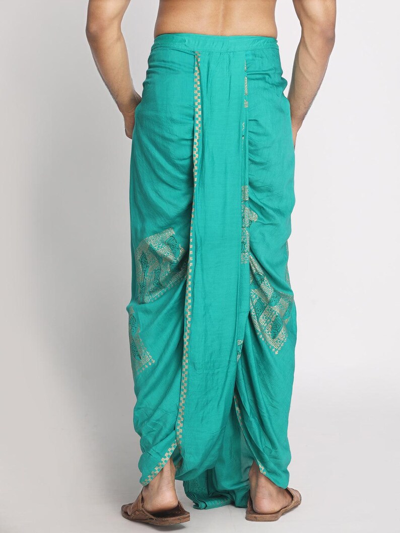Teal Blue Rayon Dhoti – Ethnic Pattern Hand Block Print, Traditional ...