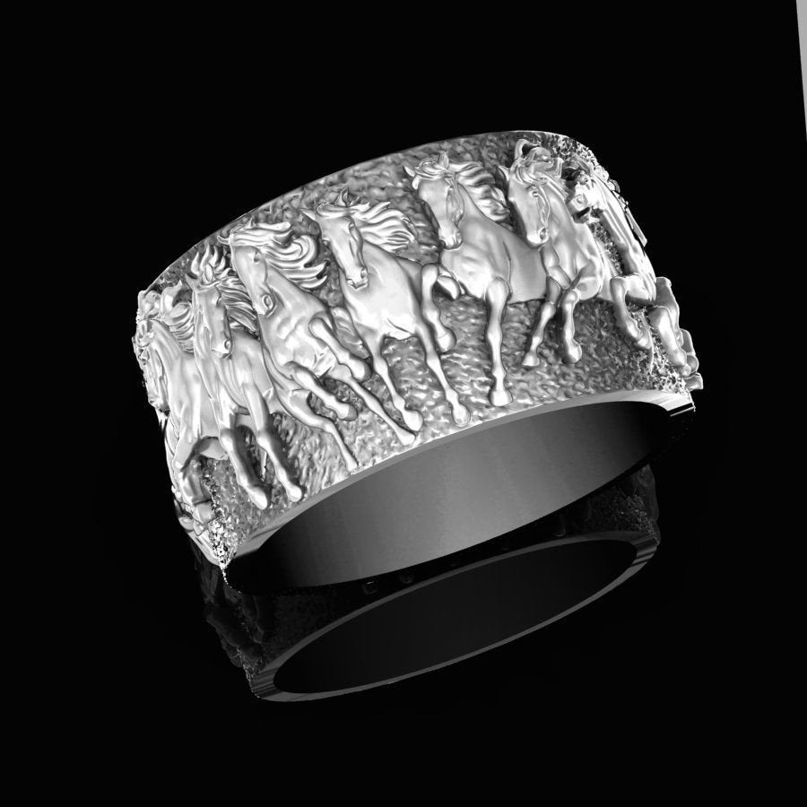 Herd of Horses Ring Sterling Silver Running Horse Ring Men's Engagement ...