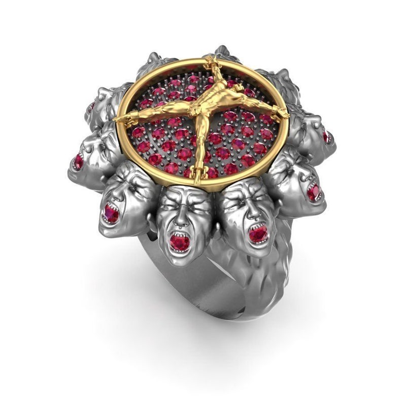 14kt Gold Over Ruby Punishment Ring Heads Screaming Ring Unisex Ring ...