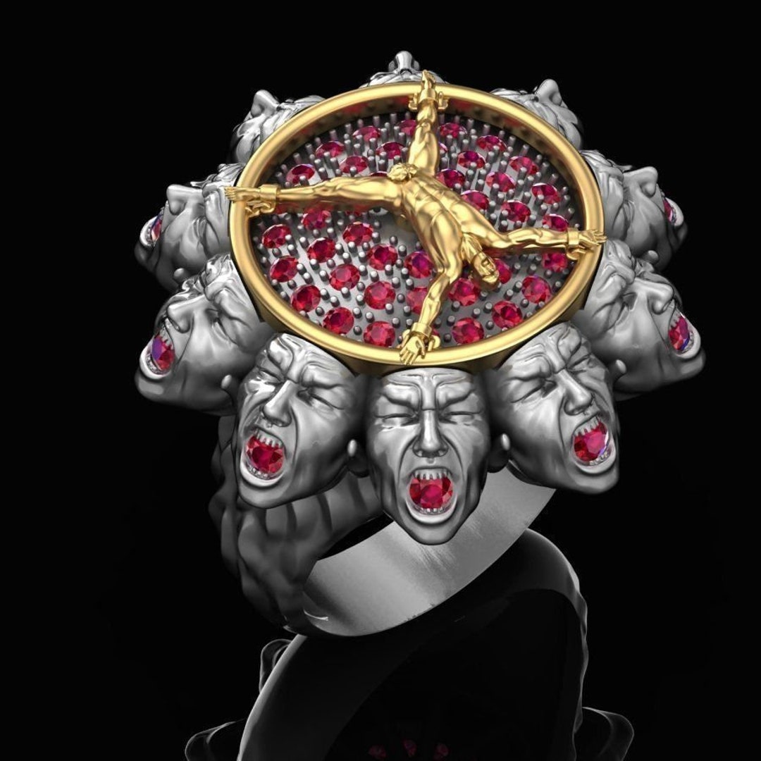 14kt Gold Over Ruby Punishment Ring Heads Screaming Ring Unisex Ring ...