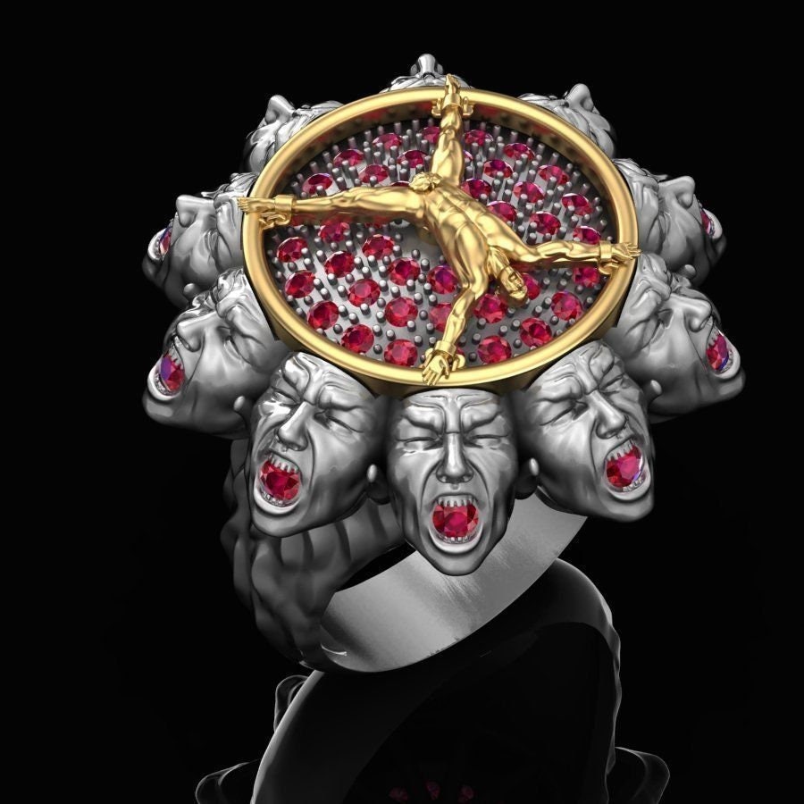 14kt Gold Over Ruby Punishment Ring Heads Screaming Ring Unisex Ring ...