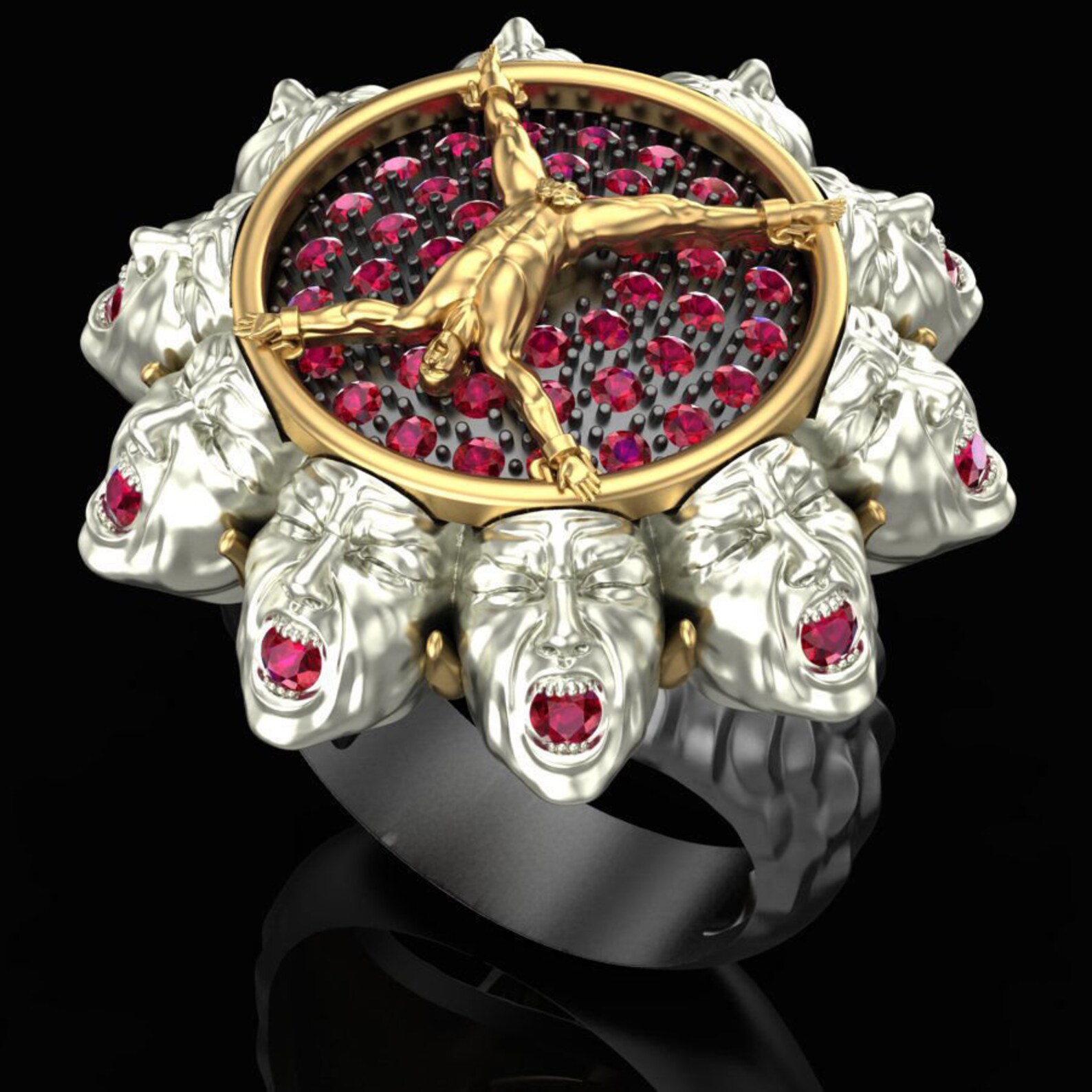 14kt Gold Over Ruby Punishment Ring Heads Screaming Ring Unisex Ring ...