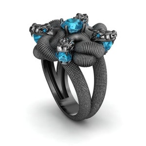 925 Sterling Silver Four Snake Ring Elegant Blue Topaz Snake Head Ring ...