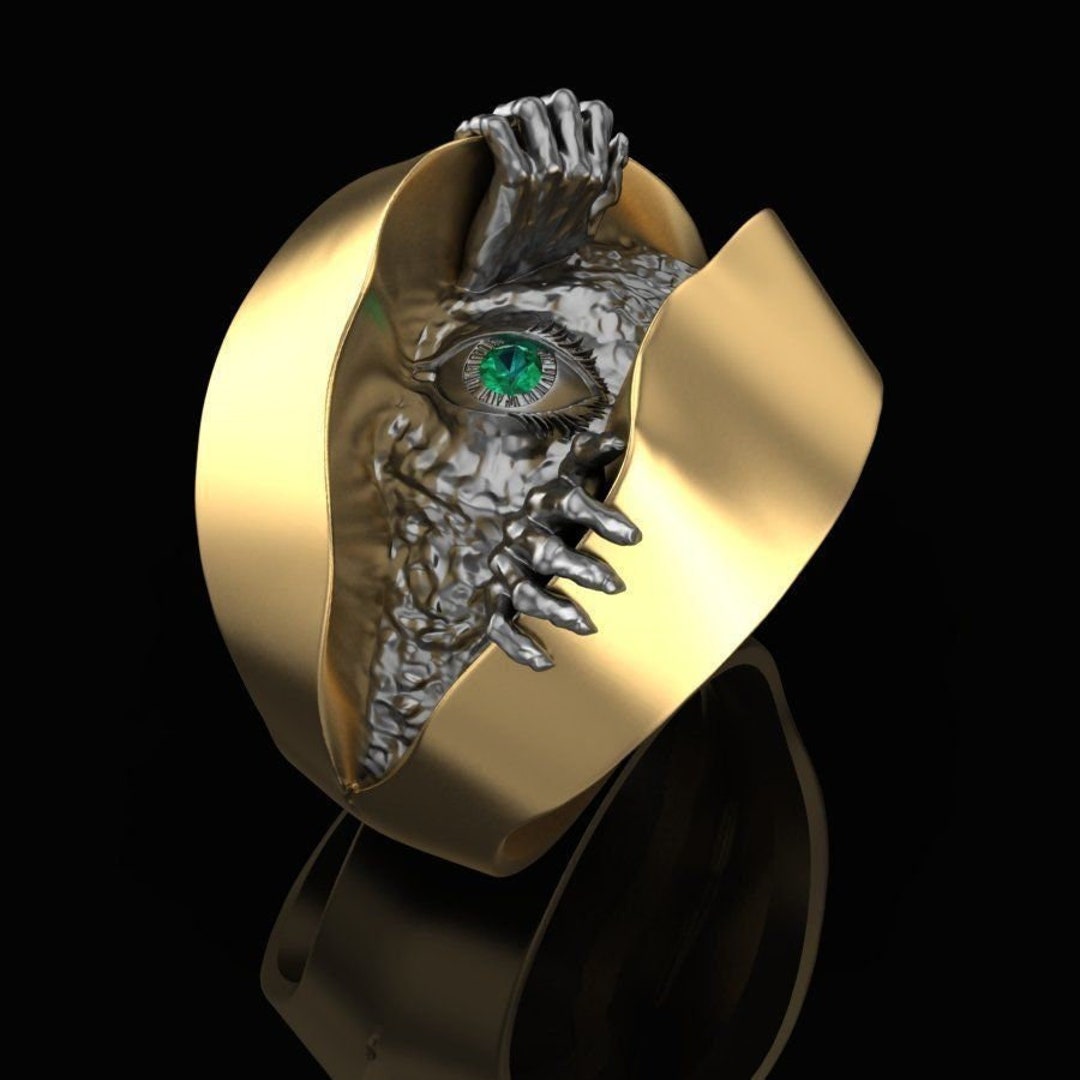 14kt Gold Over Watching Ring Masonic Skull Ring With Emerald Diamond ...
