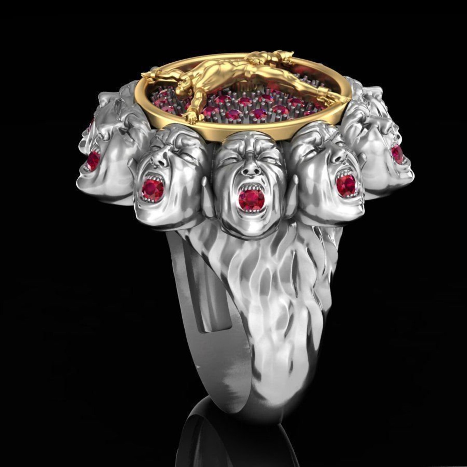 14kt Gold Over Ruby Punishment Ring Heads Screaming Ring Unisex Ring ...