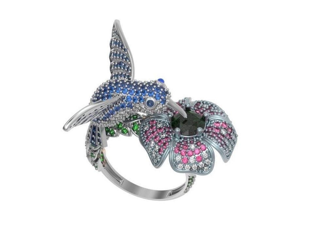 Diamond Bird Ring: Pink & Blue Gemstone Flower, Sterling Silver - Etsy