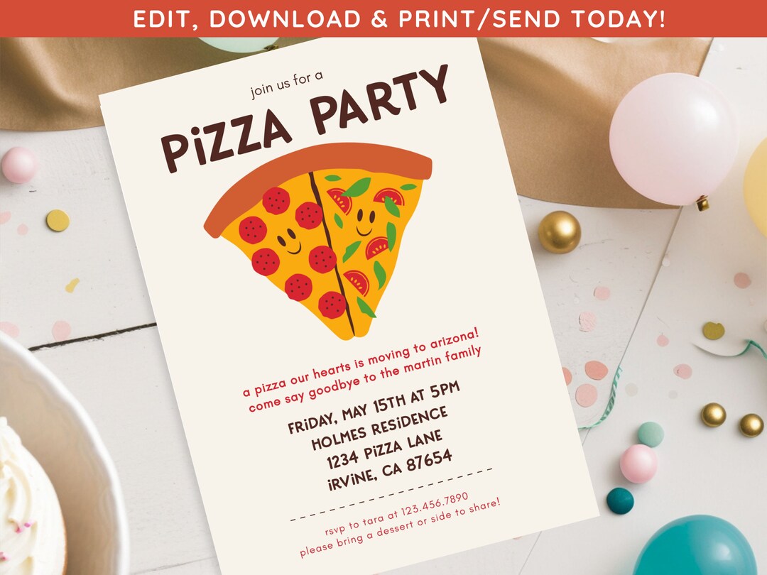 Pizza Birthday Invite | Goodbye Party | Large Group Party | Moving ...