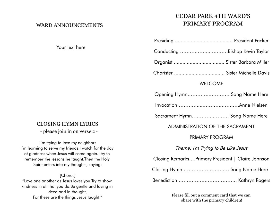 LDS Primary Program PROGRAM | Primary Presentation Program Template ...