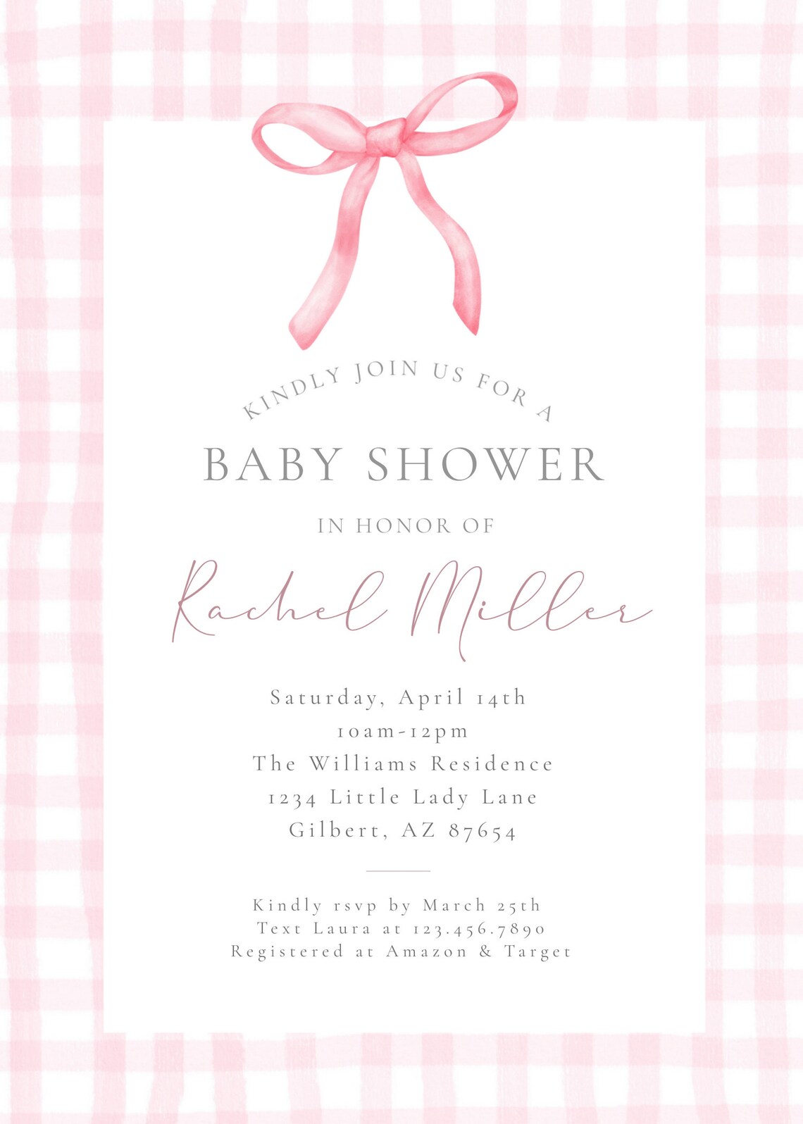 Pink Gingham Baby Shower Invite | Pink Bow Baby Shower Invite | Classic ...