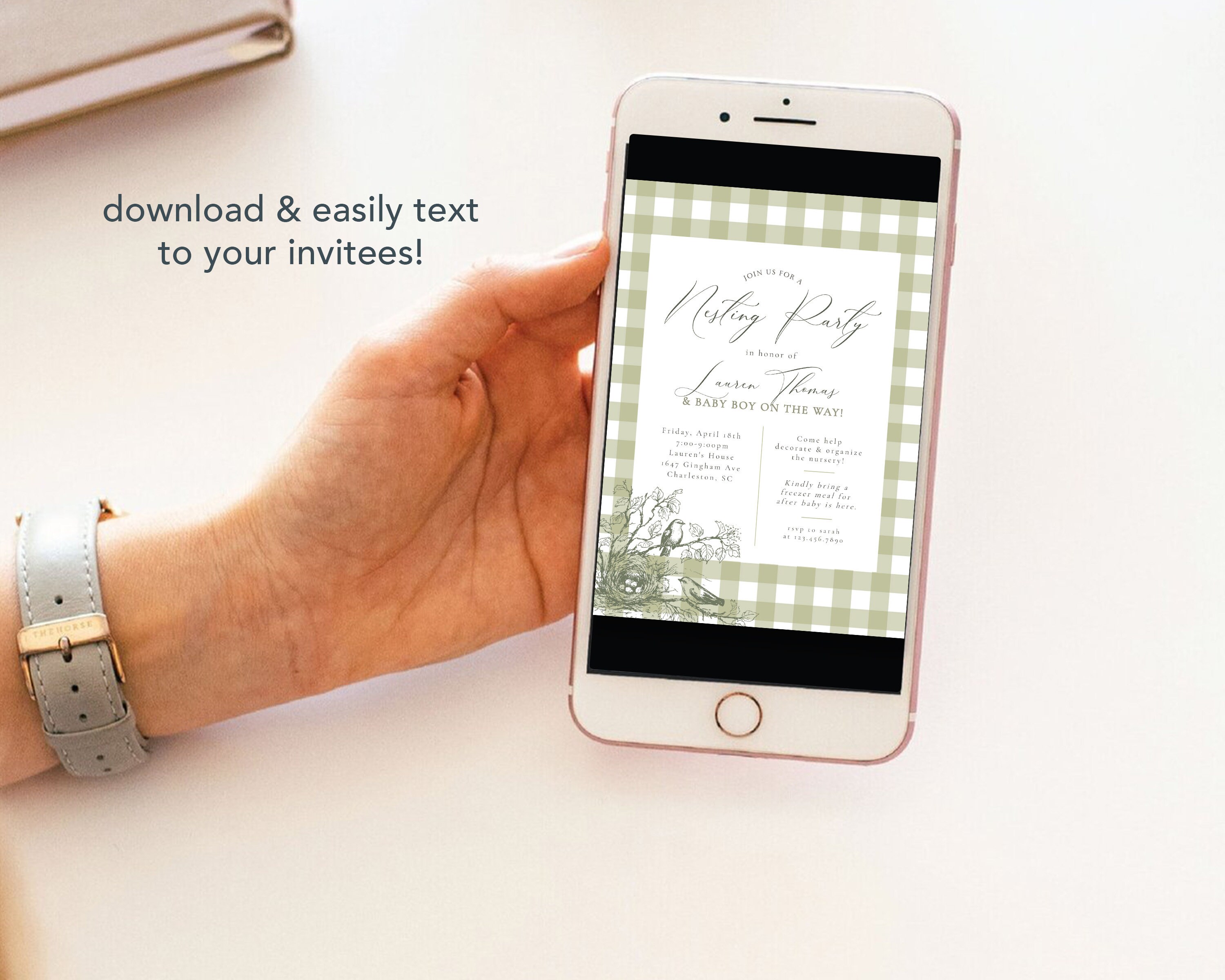 Nesting Party Invite Baby Boy Shower Invite Green Gingham Baby Shower ...