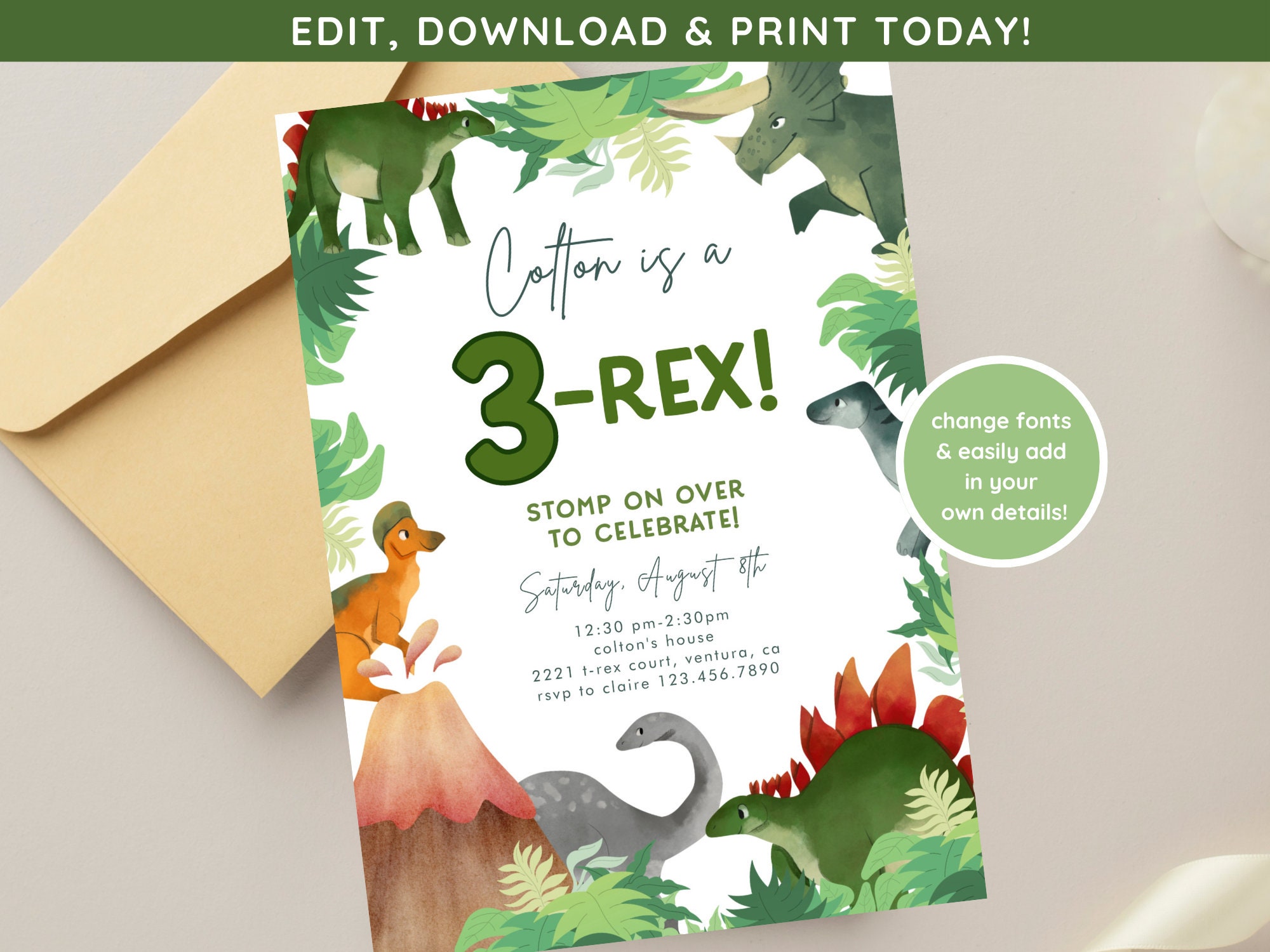 Three-rex Dinosaur Invite Dinosaur Birthday Party Invite Dino Boys ...