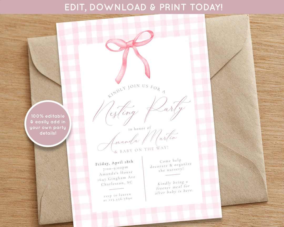 Nesting Party Invite | Baby Girl Shower Invite | Pink Gingham Baby ...