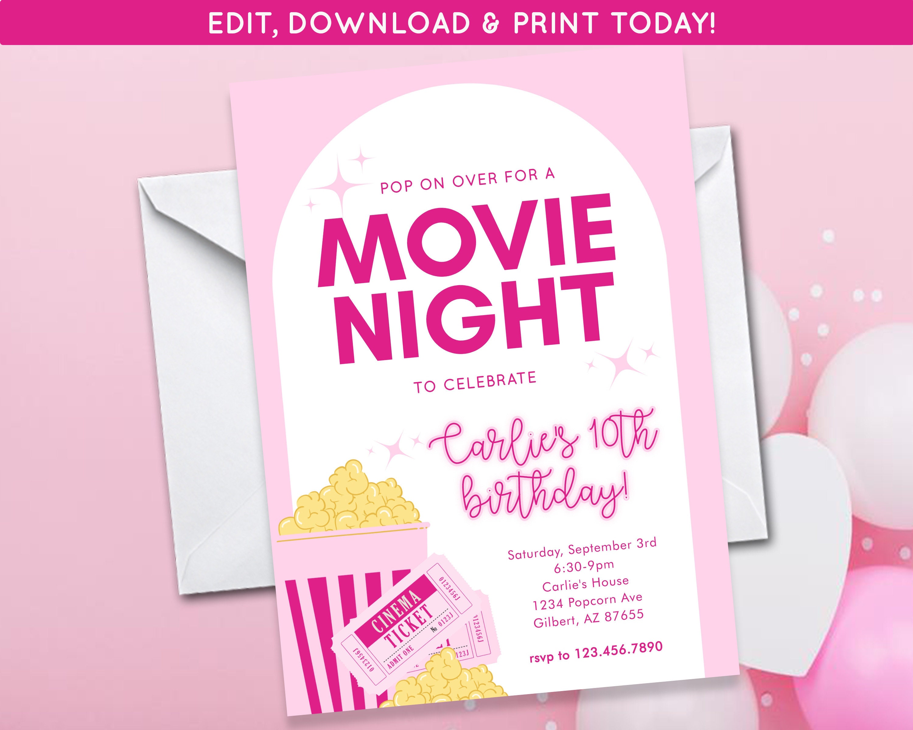 Girls Movie Night Birthday Invitation | Popcorn Kids Birthday ...