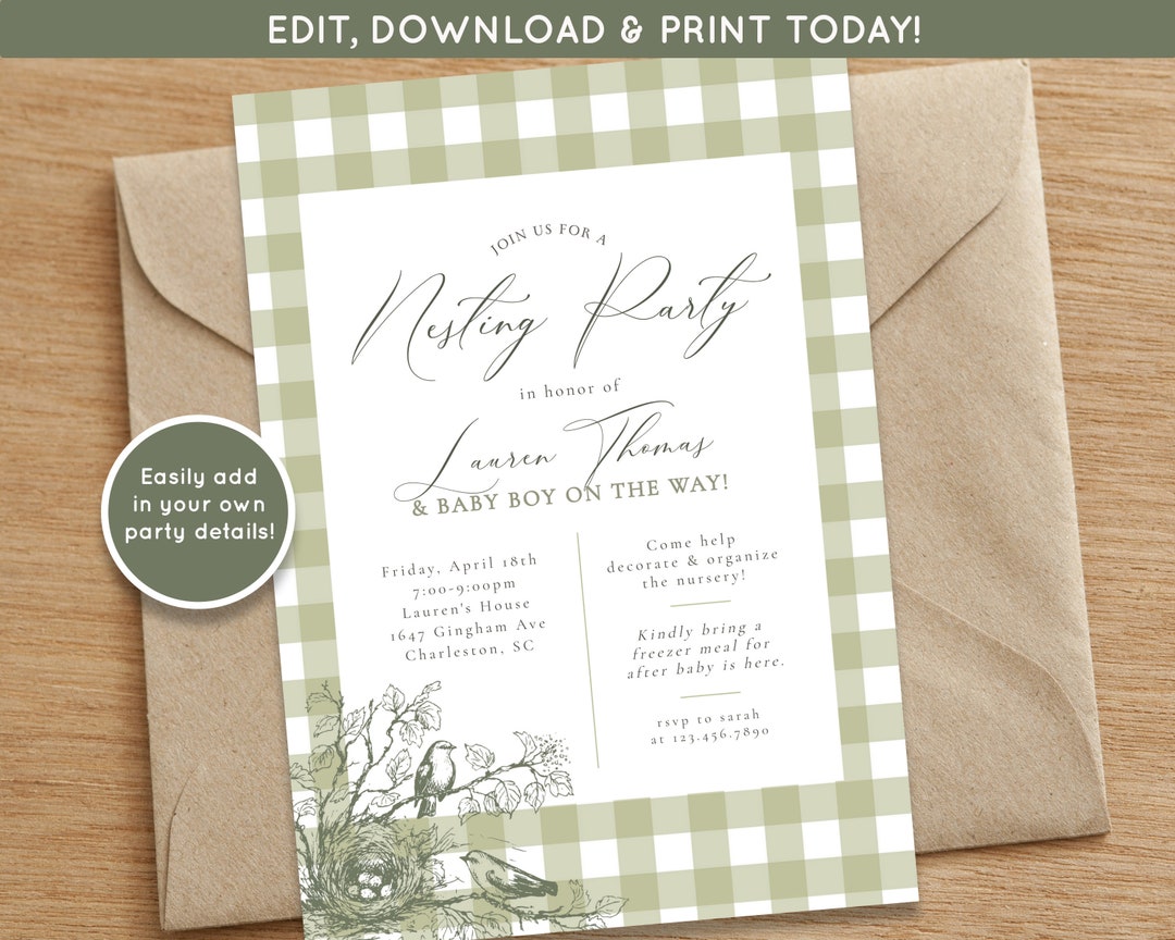 Nesting Party Invite | Baby Boy Shower Invite | Green Gingham Baby ...
