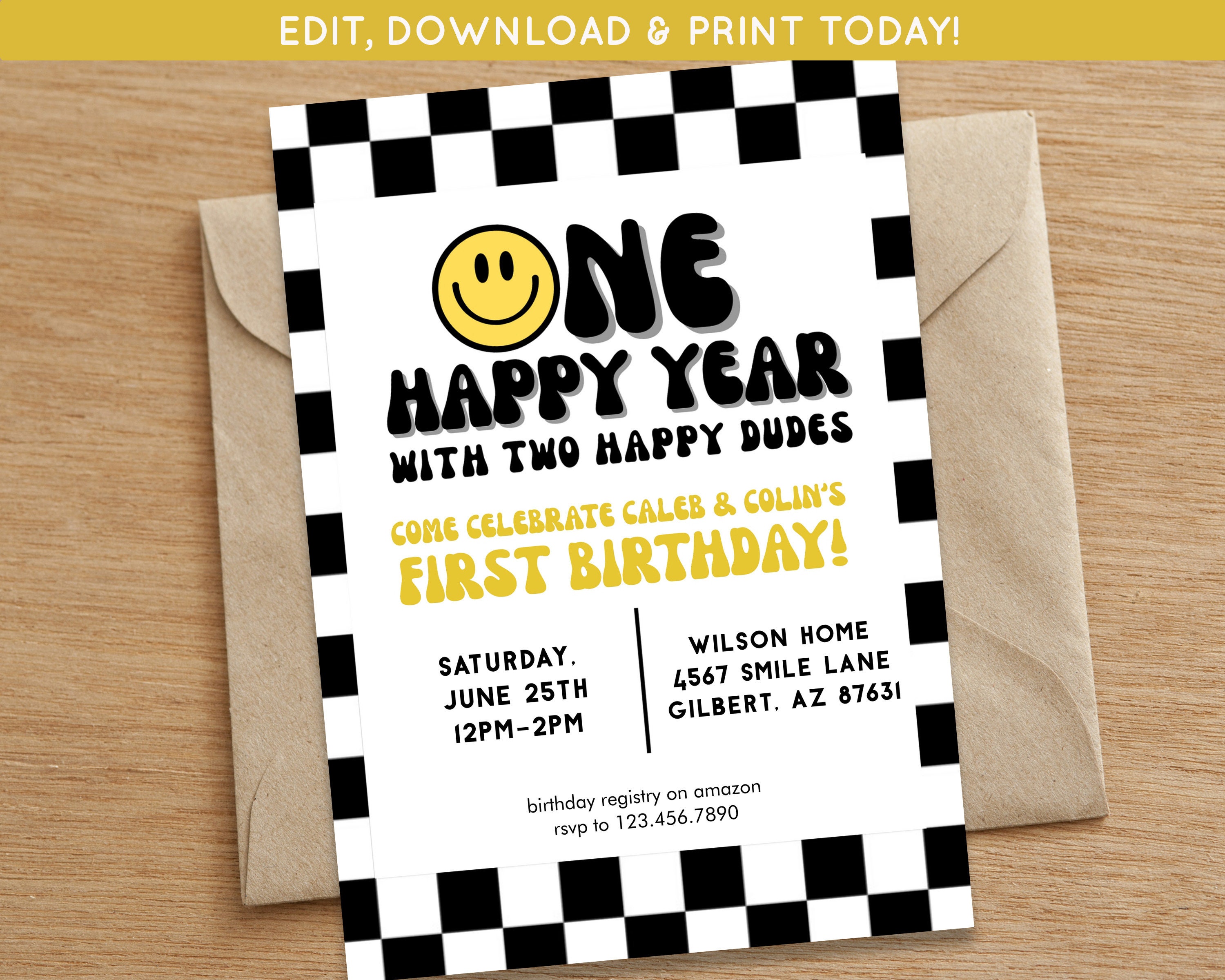 Checkered Smiley Face Birthday Invitation | Twins Smiley Face Birthday ...