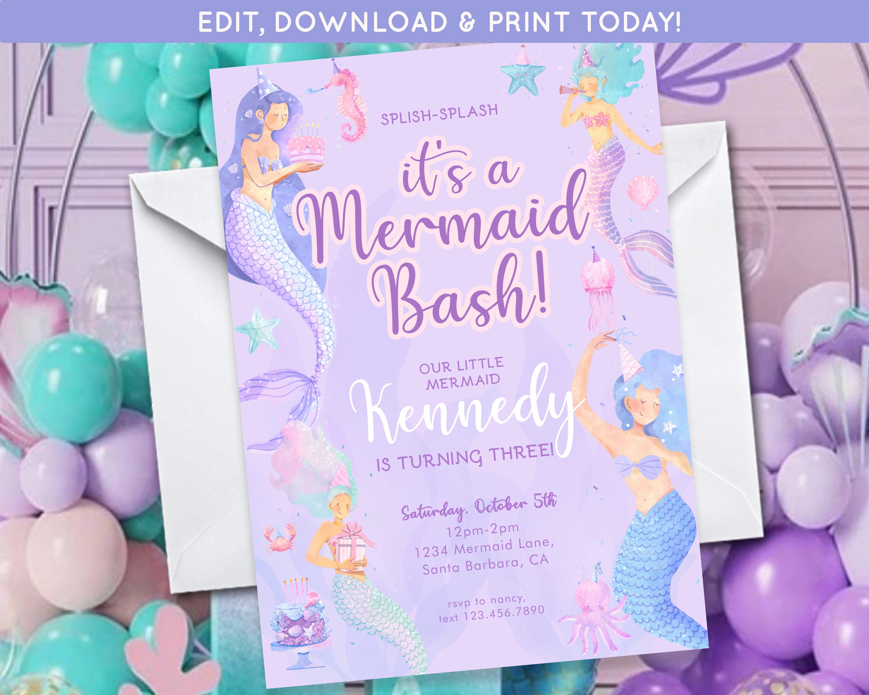 Mermaid Party Invite | Mermaid Birthday Party | Girls Birthday Digital ...