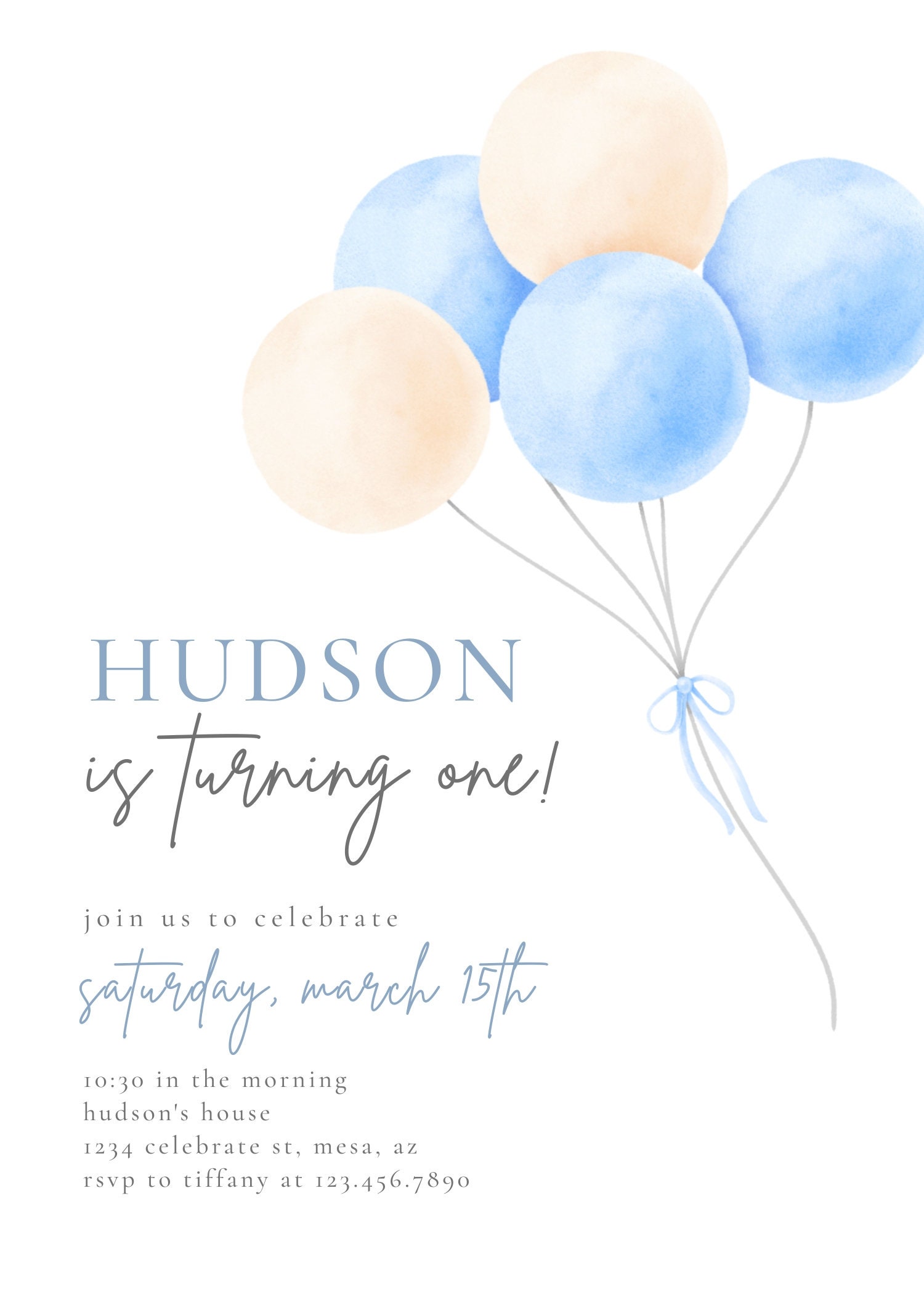 Blue Balloon Birthday Invite | Minimal Boy First Birthday Invite ...