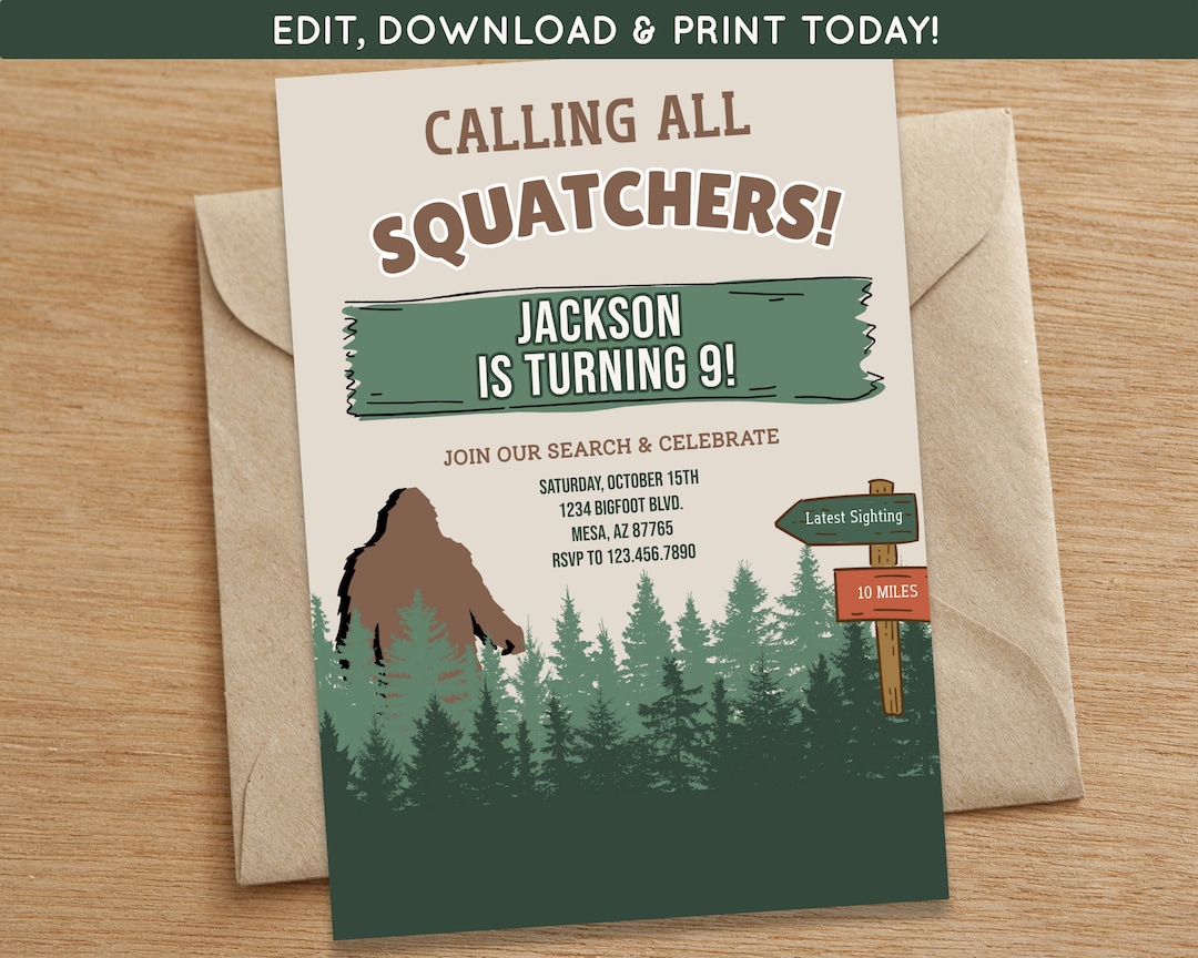 Sasquatch Search Birthday Invite | Big Foot Invite | Boys Birthday ...