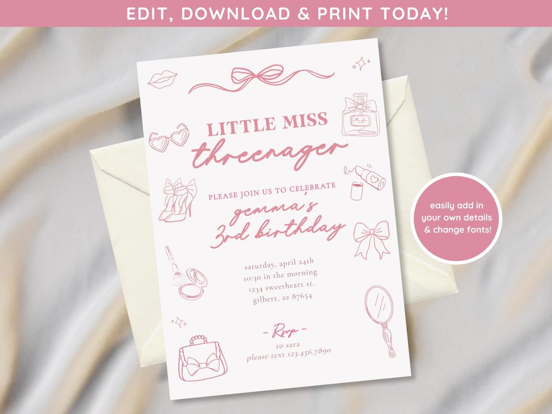 Little Miss Threenager Invite | Girly Girl Party Invite | Girls Third ...
