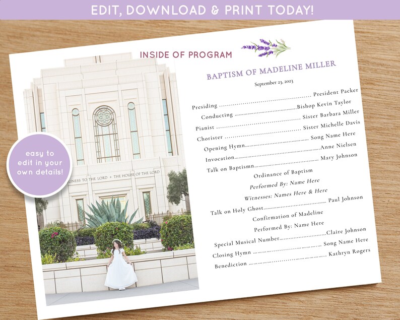 LDS Baptism Program Girl Minimal Baptism Program Editable Baptism ...