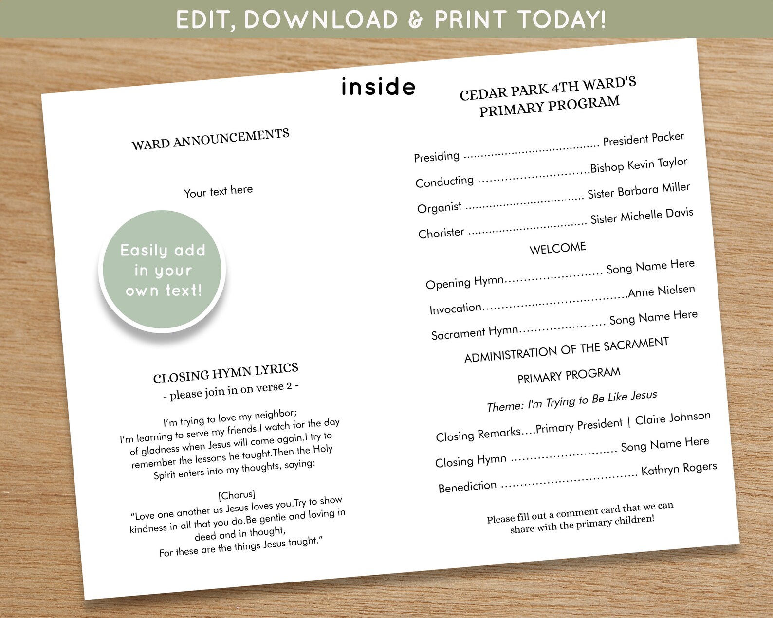 LDS Primary Program PROGRAM | Primary Presentation Program Template ...