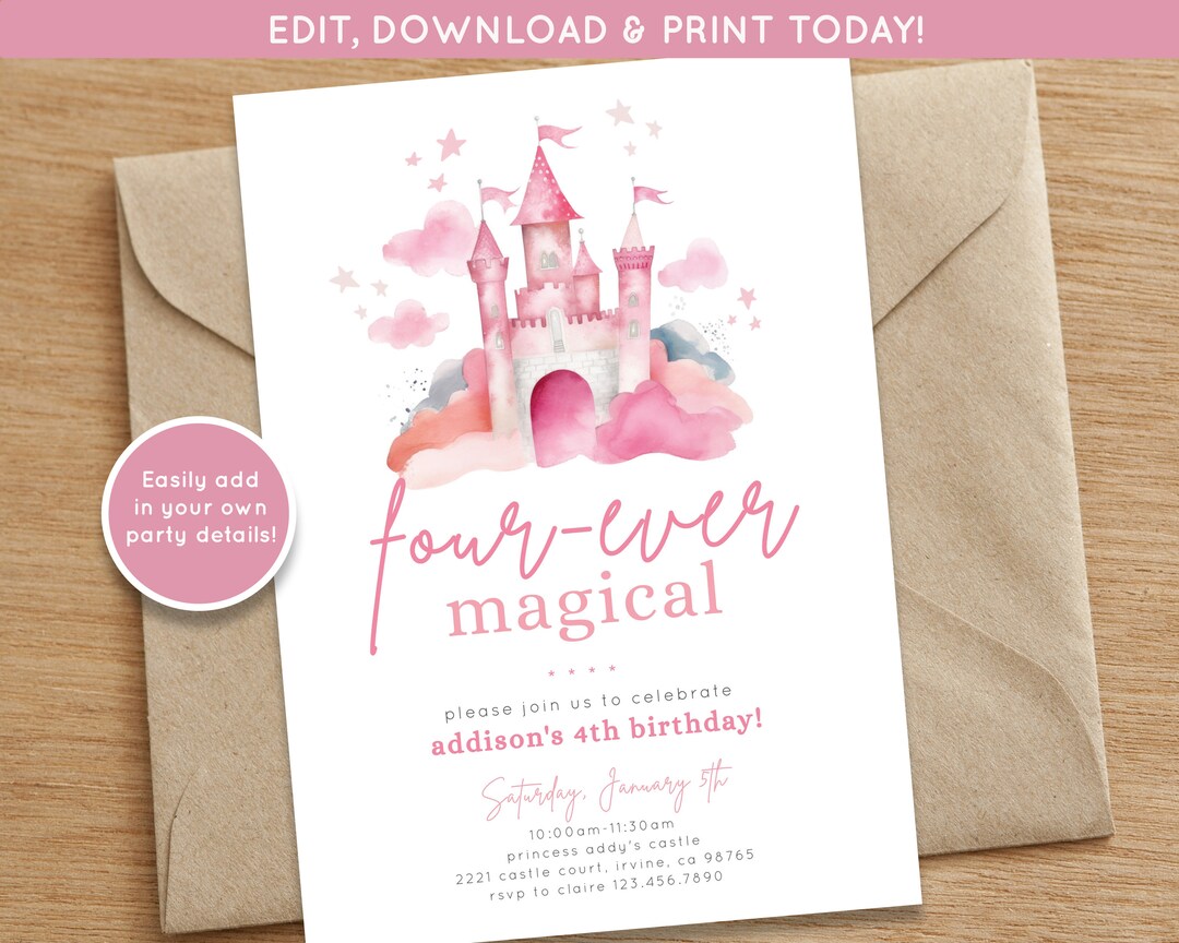 Four-ever Magical Birthday Invite | Princess Party | Girls Fourth ...