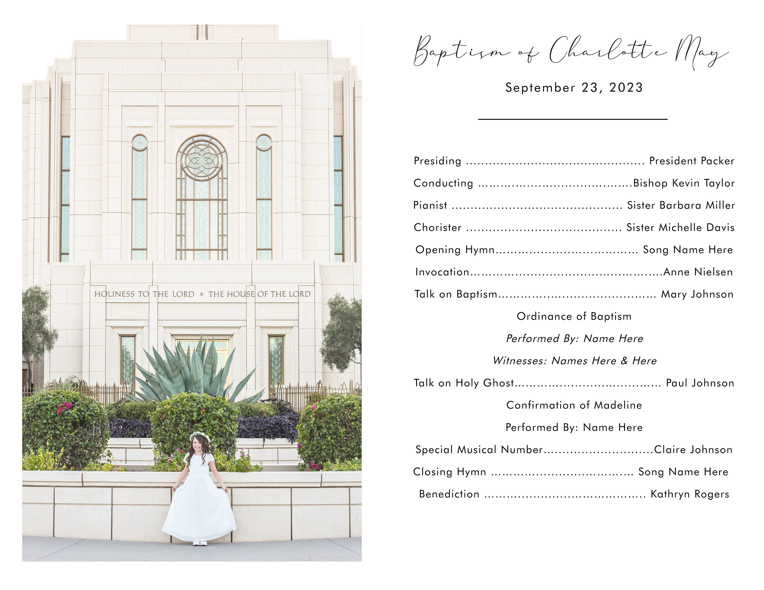 LDS Baptism Program Girl | Minimal Baptism Program Editable | Baptism ...
