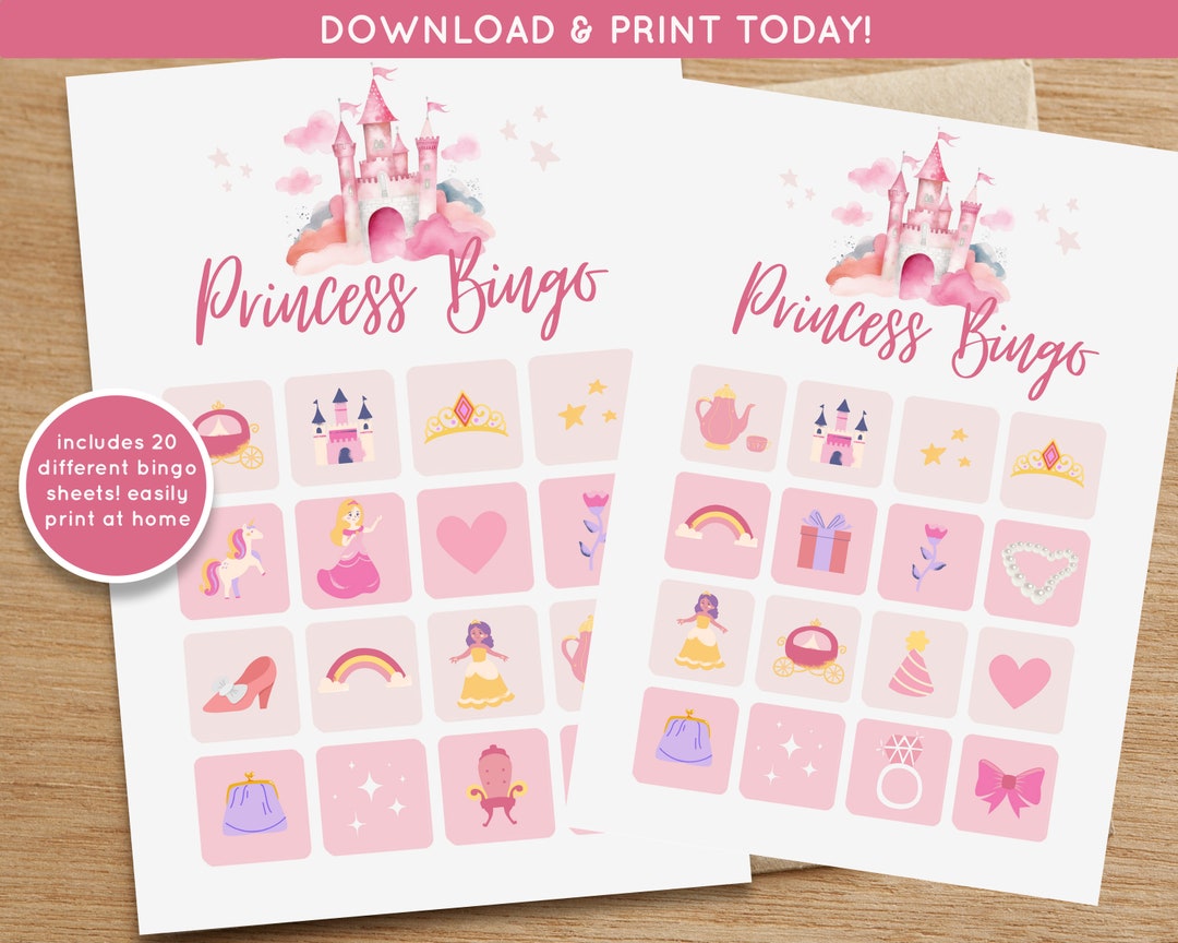 Four-ever a Princess Birthday Party Bingo Game | Princess Party | 20 ...