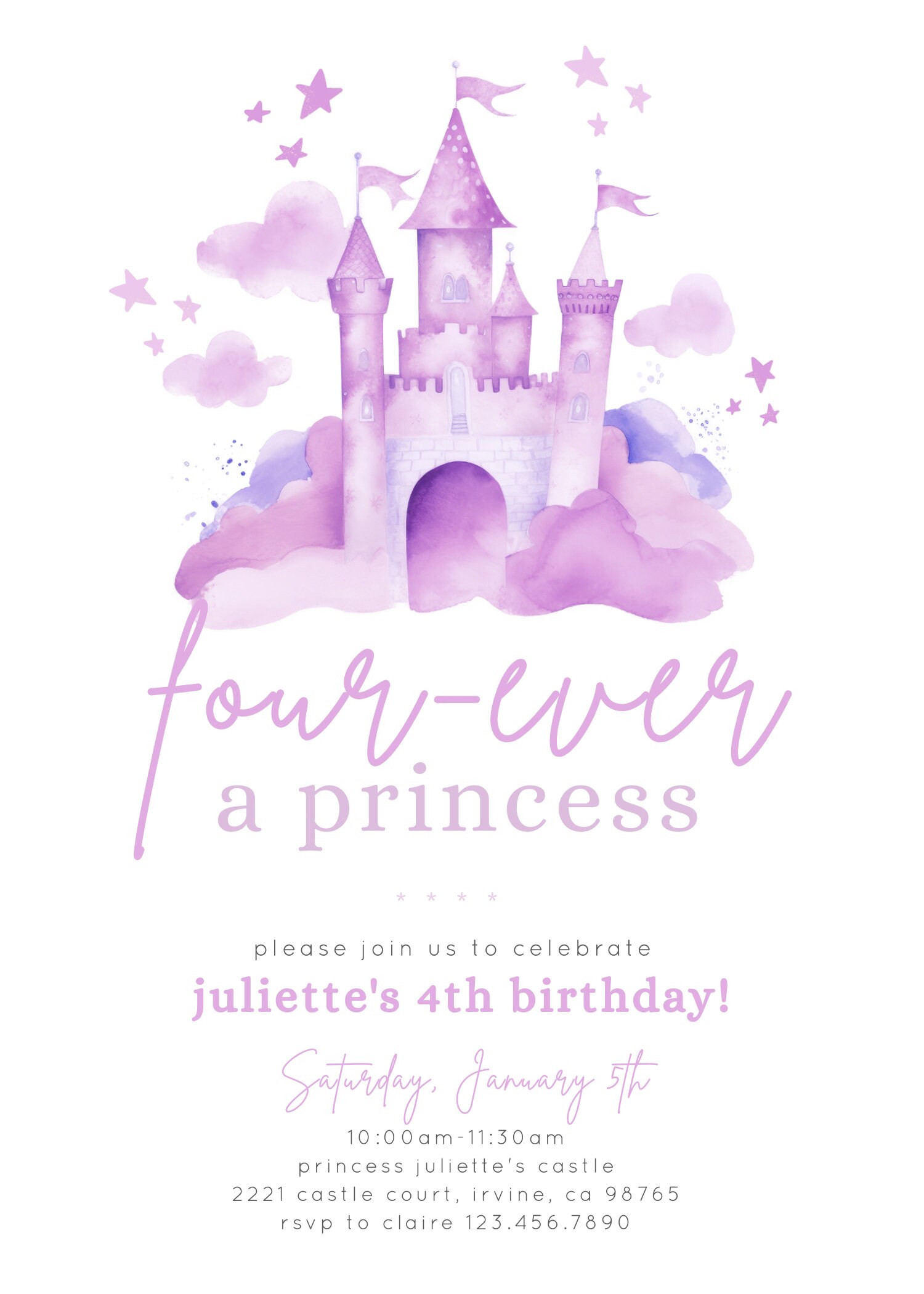 Four-ever a Princess Birthday Invite | Princess Party | Girls Fourth ...