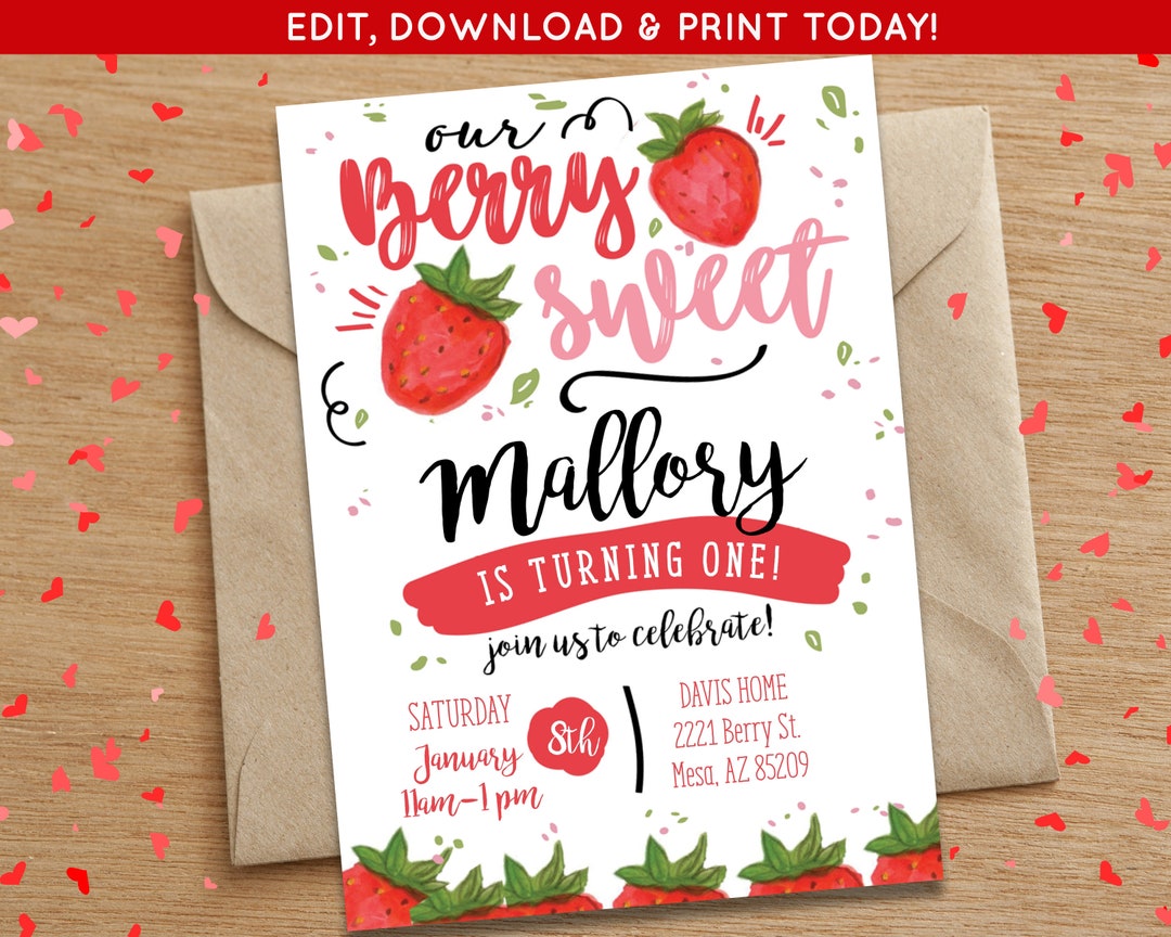 Berry First Birthday Invite | Strawberry Birthday Party Invite ...