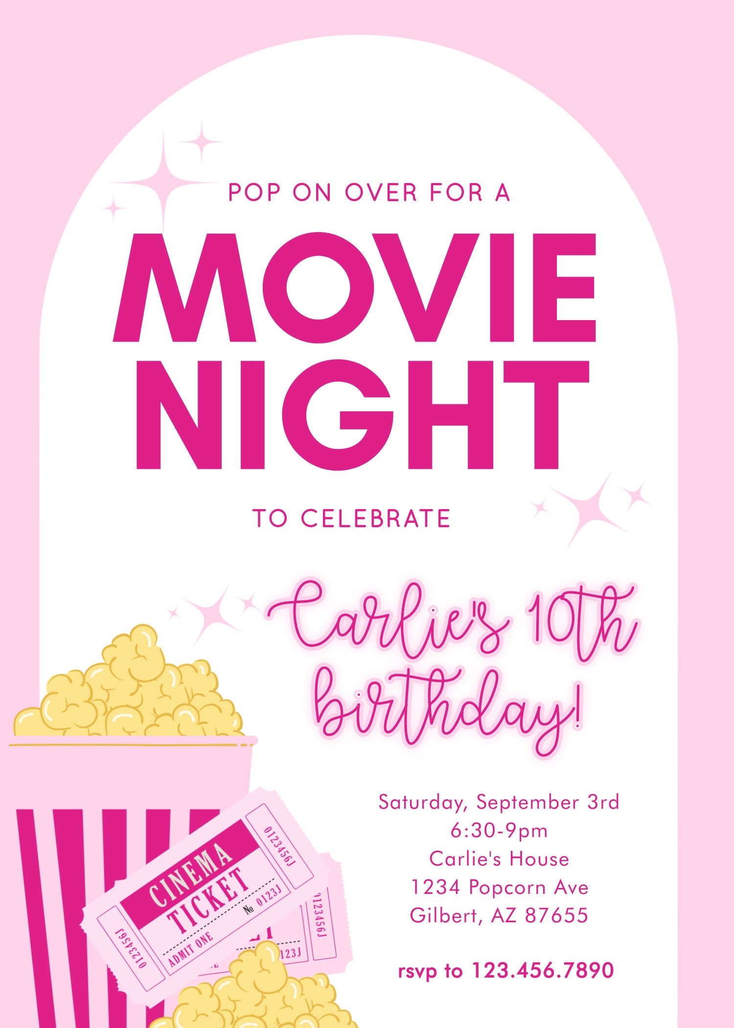 Girls Movie Night Birthday Invitation | Popcorn Kids Birthday ...