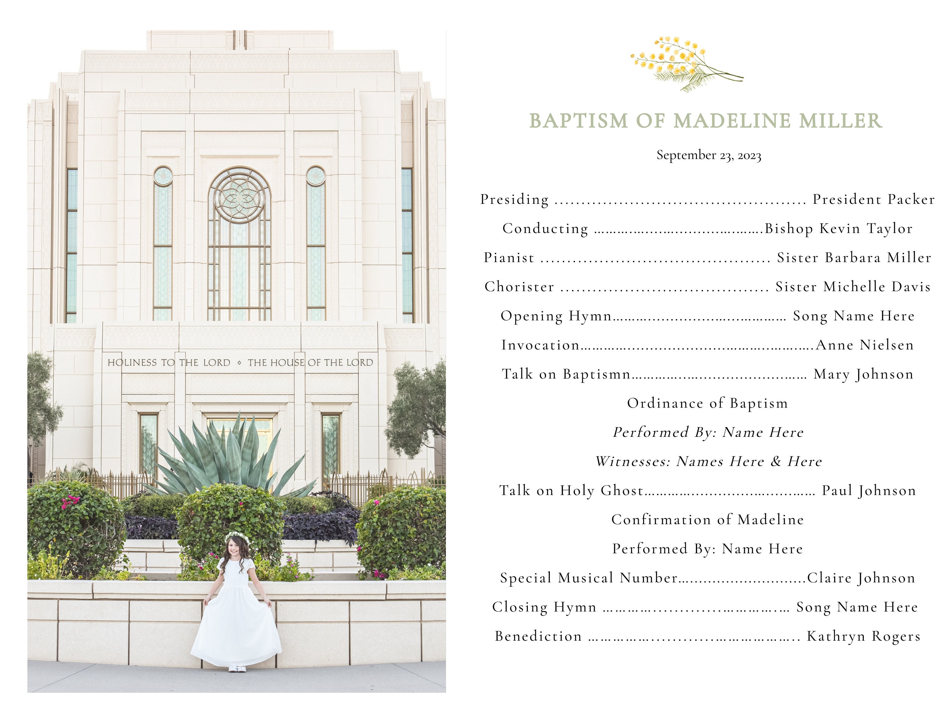 LDS Baptism Program Girl Green Floral Baptism Program Editable Baptism ...