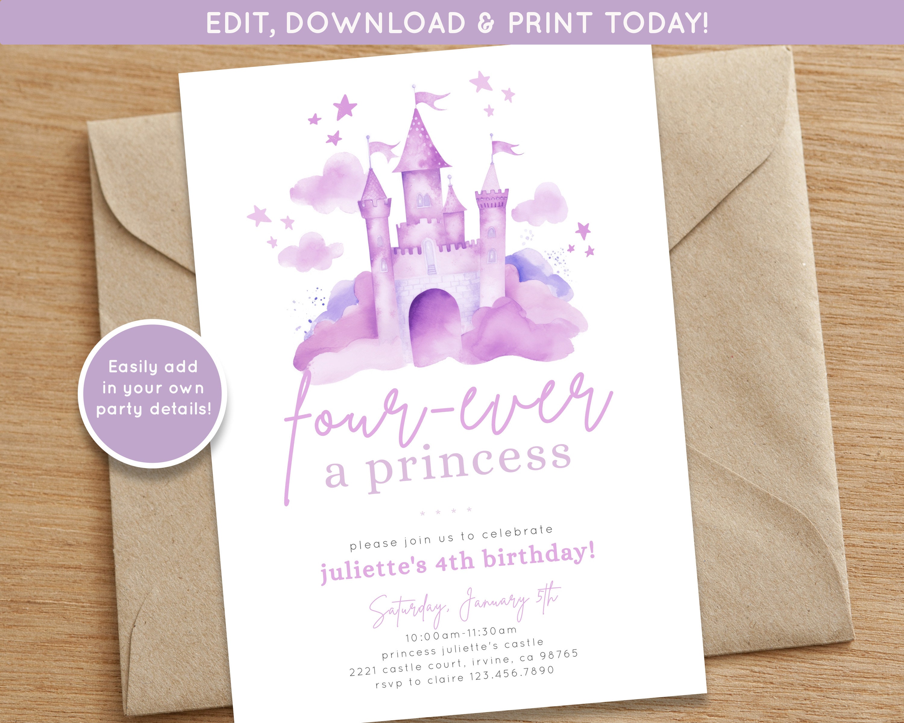 Four-ever a Princess Birthday Invite | Princess Party | Girls Fourth ...