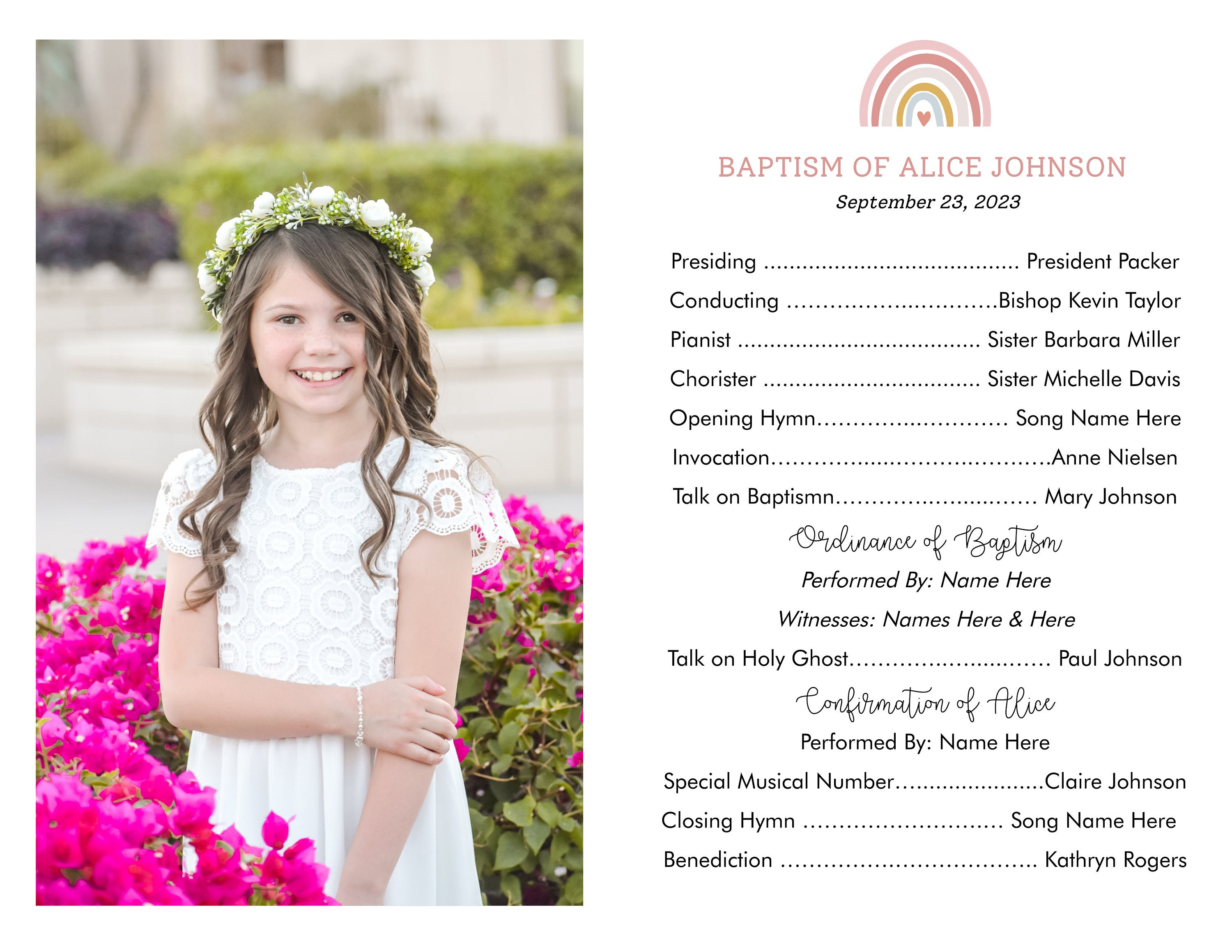 LDS Baptism Program Girl | Rainbow Baptism Program Editable | Baptism ...