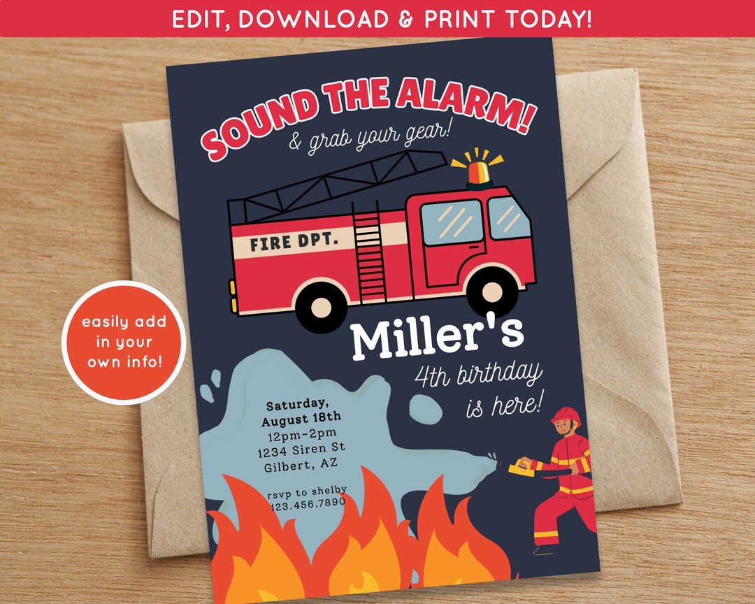 Firefighter Invite First Birthday Invitation Firefighter - Etsy