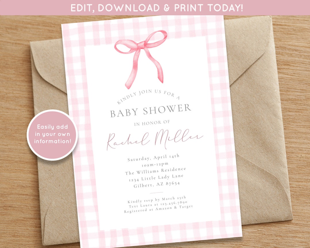 Pink Gingham Baby Shower Invite | Pink Bow Baby Shower Invite | Classic ...