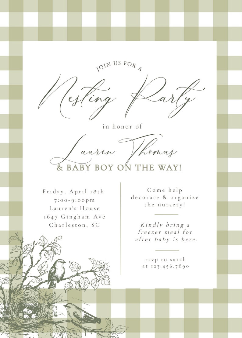 Nesting Party Invite Baby Boy Shower Invite Green Gingham Baby Shower ...