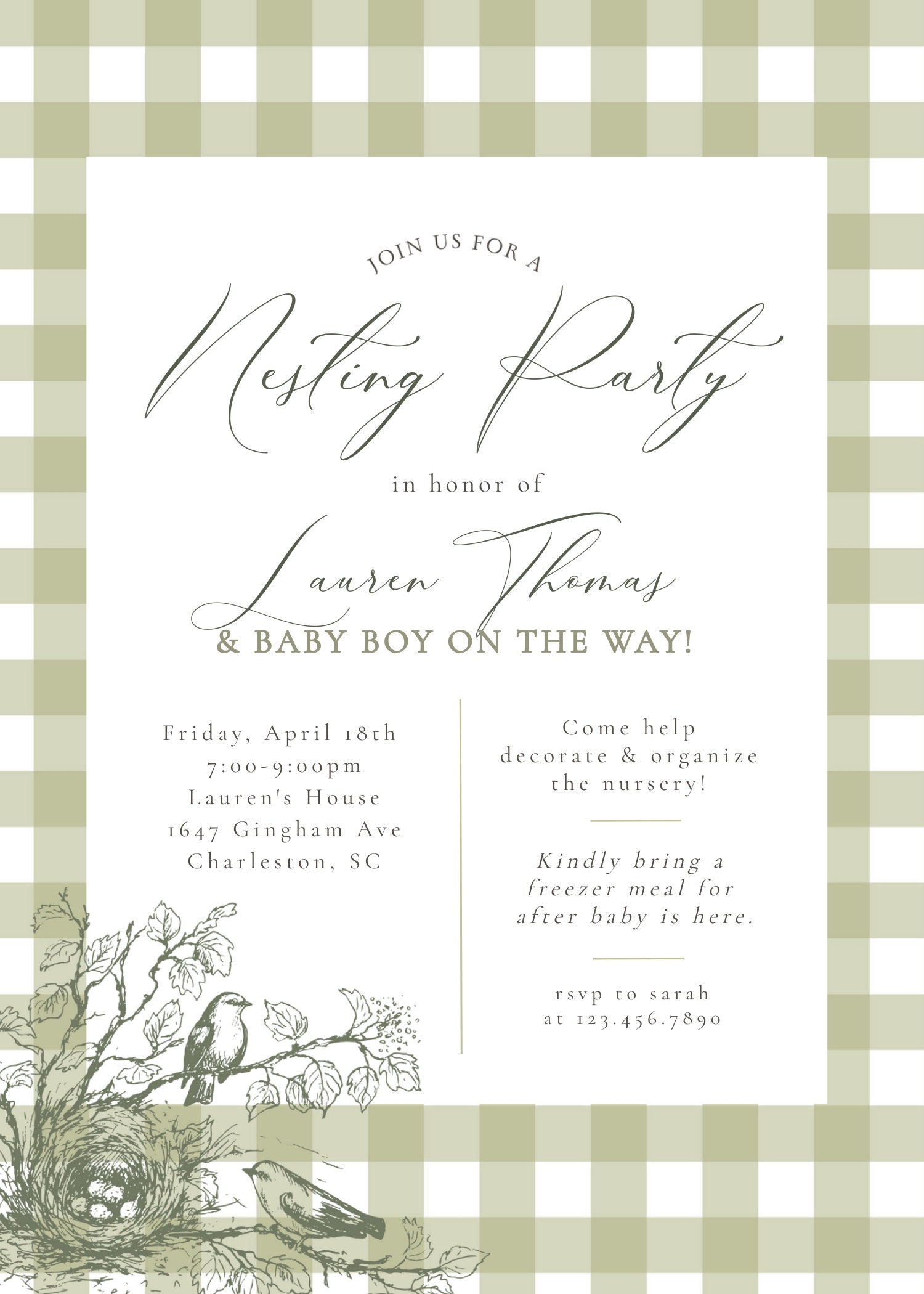 Nesting Party Invite Baby Boy Shower Invite Green Gingham Baby Shower ...