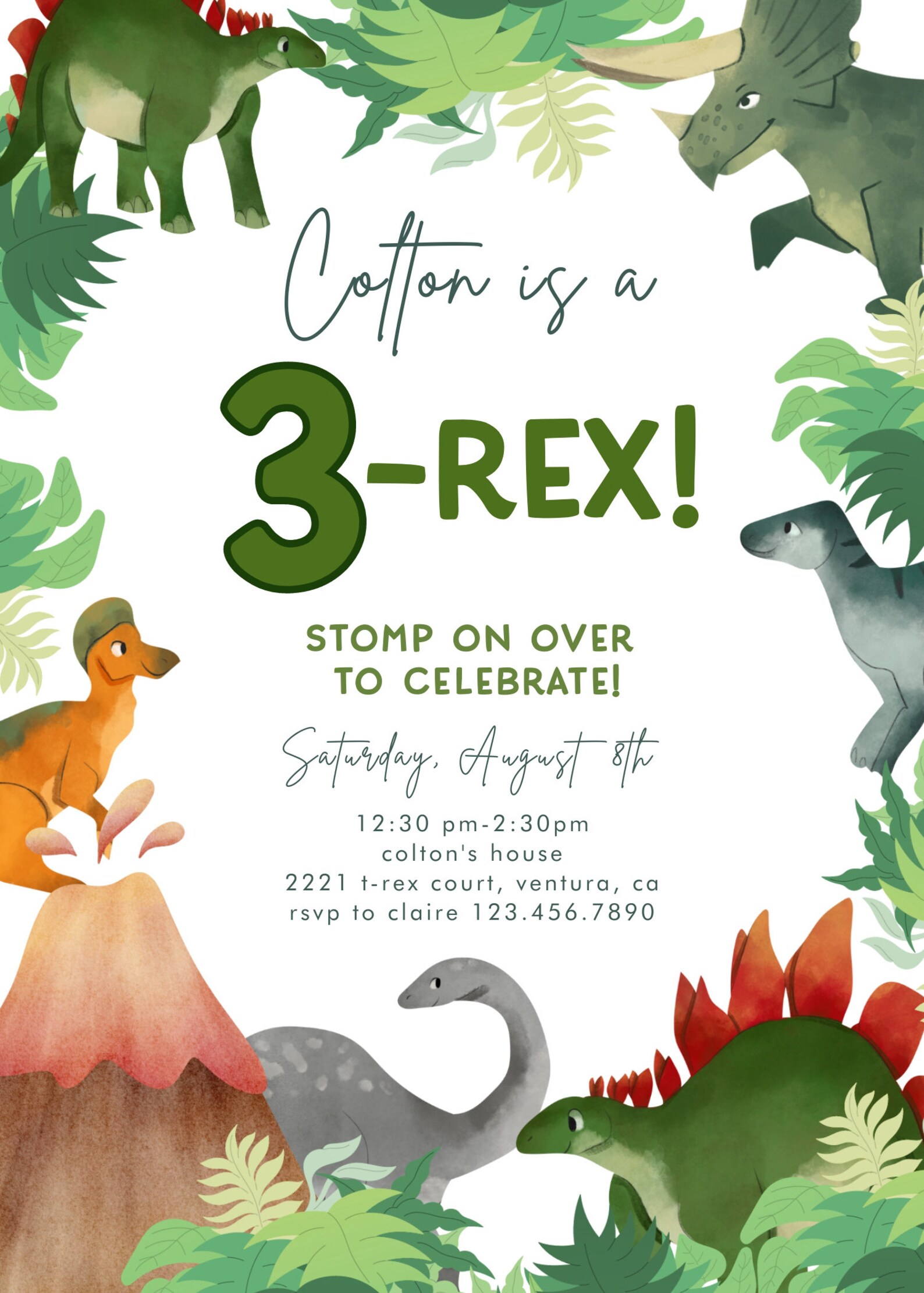 Three-rex Dinosaur Invite Dinosaur Birthday Party Invite Dino Boys ...
