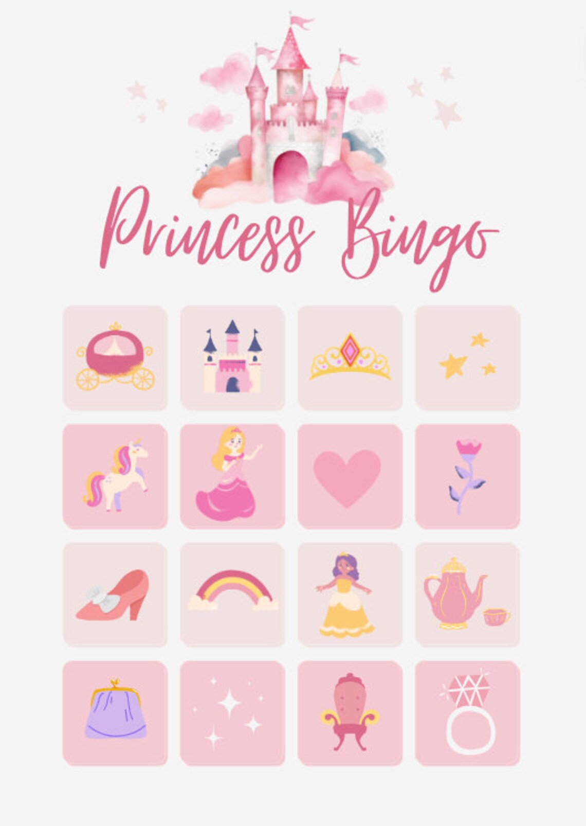 Four-ever a Princess Birthday Party Bingo Game | Princess Party | 20 ...