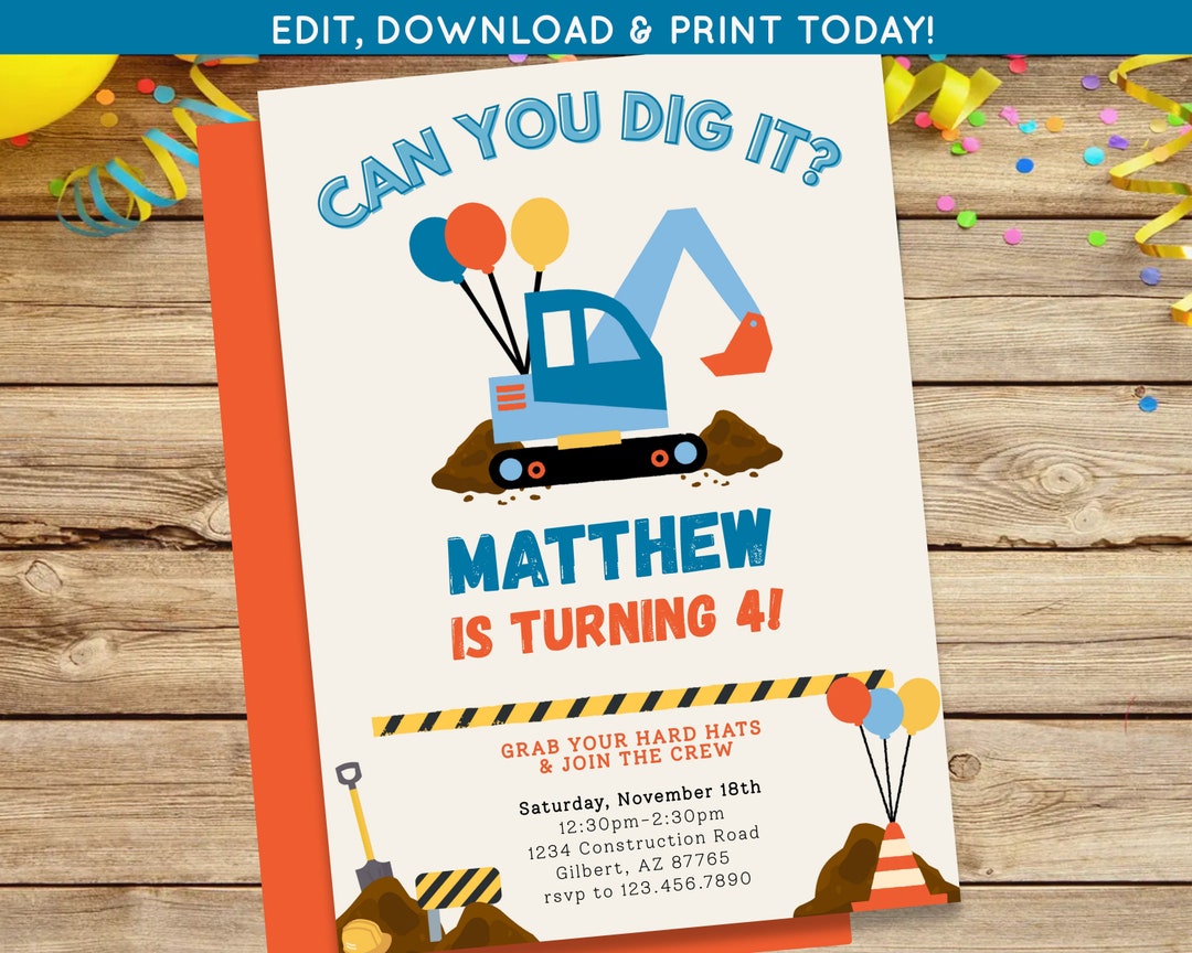 Construction Theme Birthday Invitation Digger Birthday Invite Boys ...